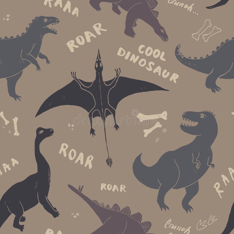 Dino Seamless Pattern, Cute Cartoon Dinosaurs Doodles Vector ...