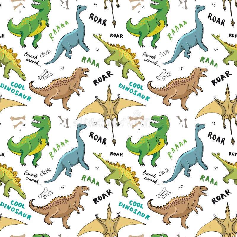 Dino Seamless Pattern, Cute Cartoon Hand Drawn Dinosaurs Doodles Vector ...