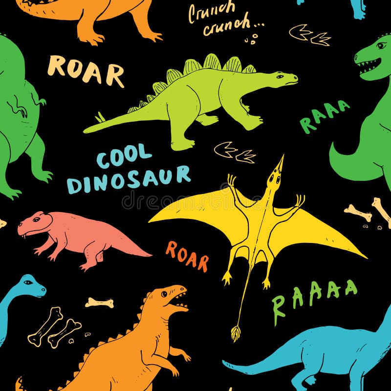 Colorful Cute Dinosaurs on Black Background. Vector Seamless Pattern ...