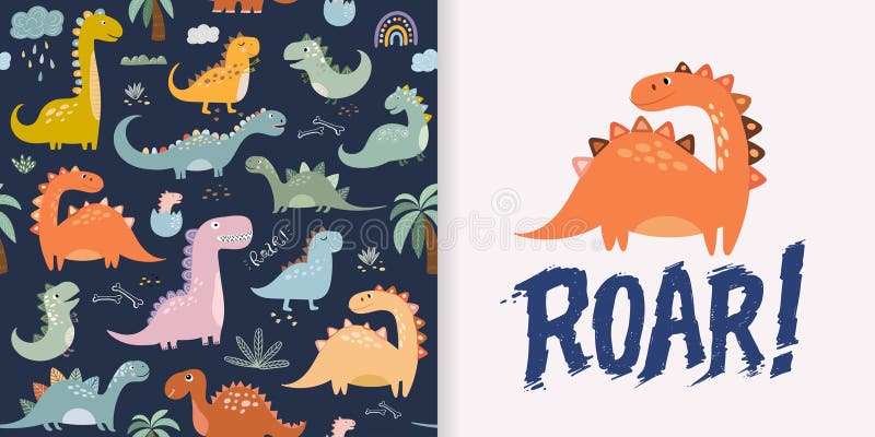Dino Set with Decorative Seamless Pattern and Greeting Card, Different ...