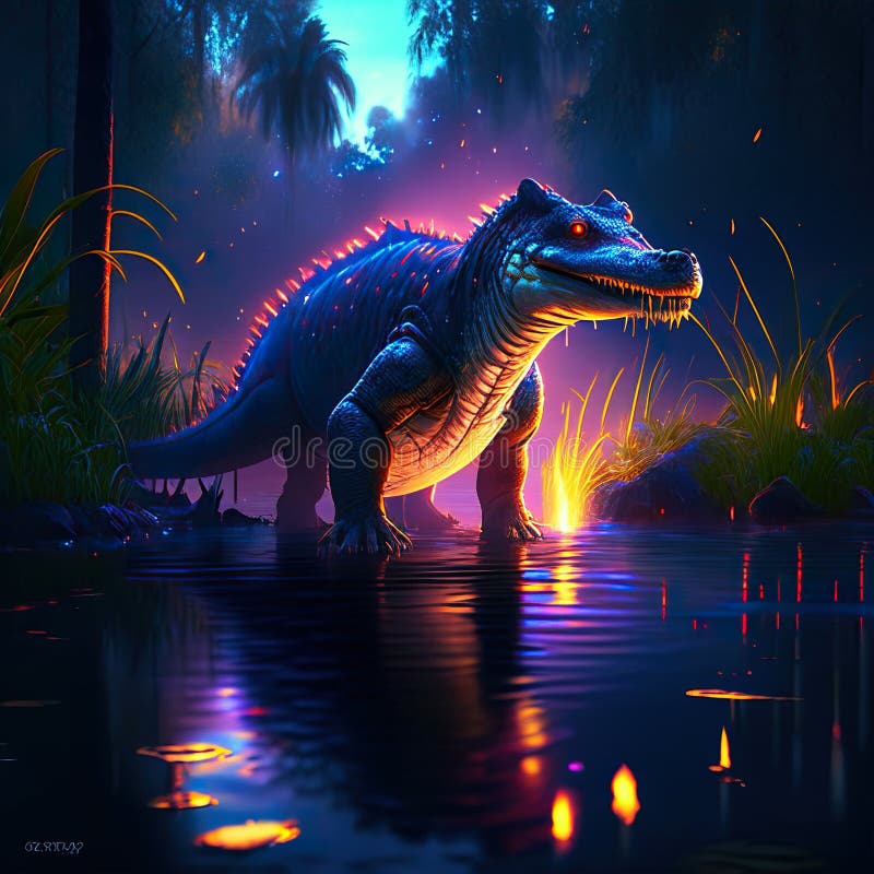 Dinosaur on the Background of the Night Landscape. 3d Rendering AI ...