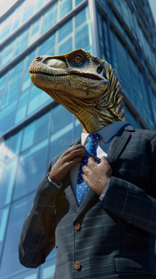 Dinosaur in Business Suit Adjusting Tie in Front of Modern Skyscraper ...