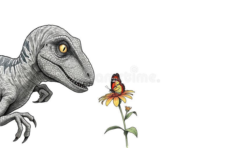 Dinosaur and Butterfly Looking at Each Other on a White Background ...
