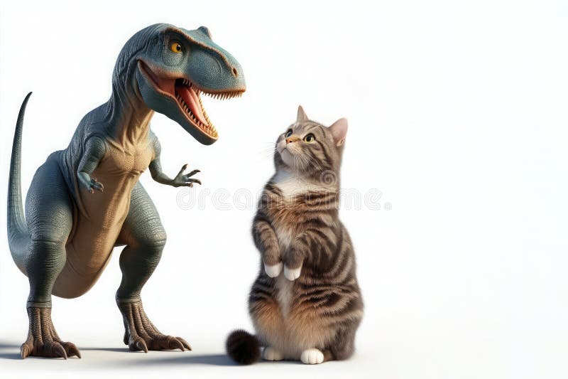 A Dinosaur and a Cat Look at Each Other. Space for Text. Stock Image ...