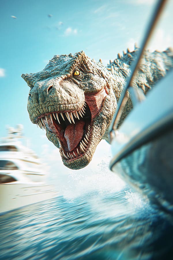 Dinosaur Chasing a Speedboat on the Ocean with Intense Expression Stock ...