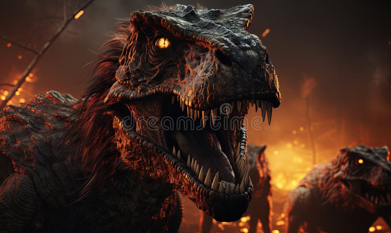 Dinosaur Close-Up with Fire in Background Stock Photo - Image of ...
