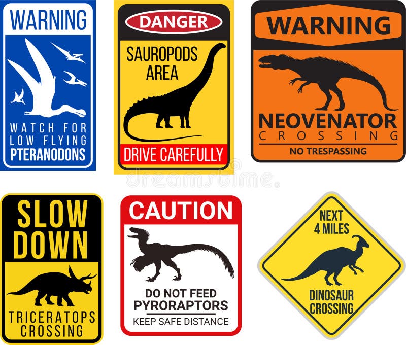 Dinosaur Danger Warning Sign Stickers Pack, Vector Illustration Stock ...