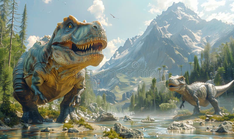 A Dinosaur Depicted in a Forest Setting in a Painting. Stock Image ...