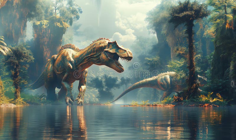 A Dinosaur Depicted in a Forest Setting in a Painting. Stock Photo ...