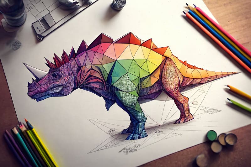 The Dinosaur is Drawn on a Sheet of White Paper in Low Poly Style, in ...