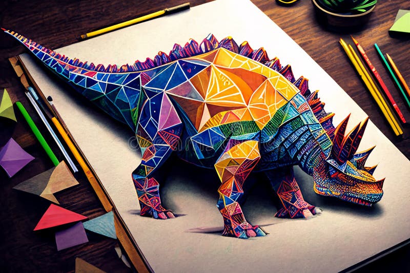 The Dinosaur is Drawn on a Sheet of White Paper in Low Poly Style, in ...