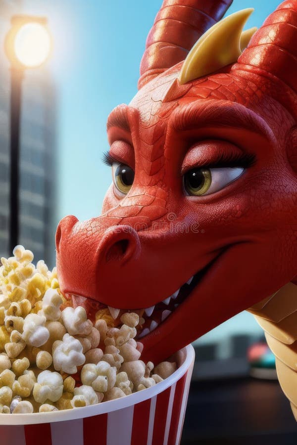 Cute Red Dragon Eats Popcorn and Watches a Movie Stock Illustration ...