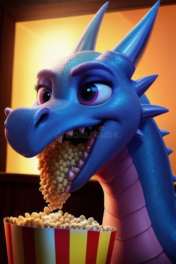 Cute Dragon Eats Popcorn and Watches a Movie Stock Illustration ...