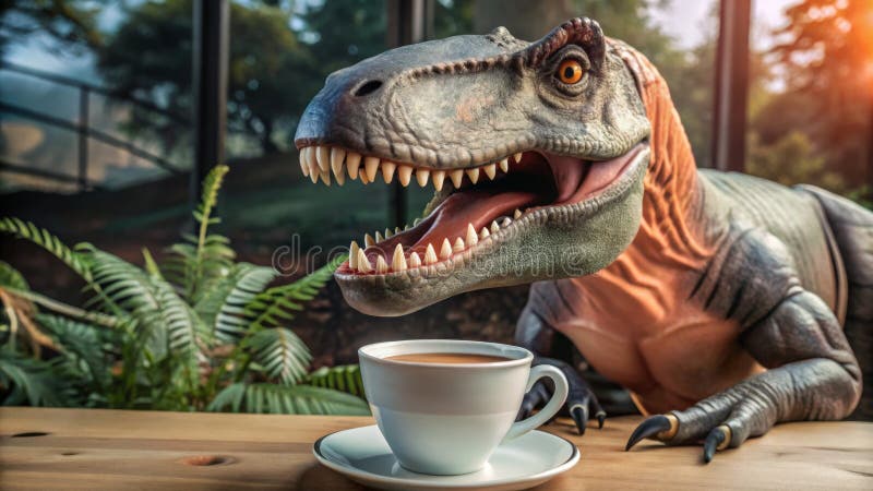 Dinosaur Enjoying Coffee in a Modern Cafe Setting - Surrealistic Blend ...