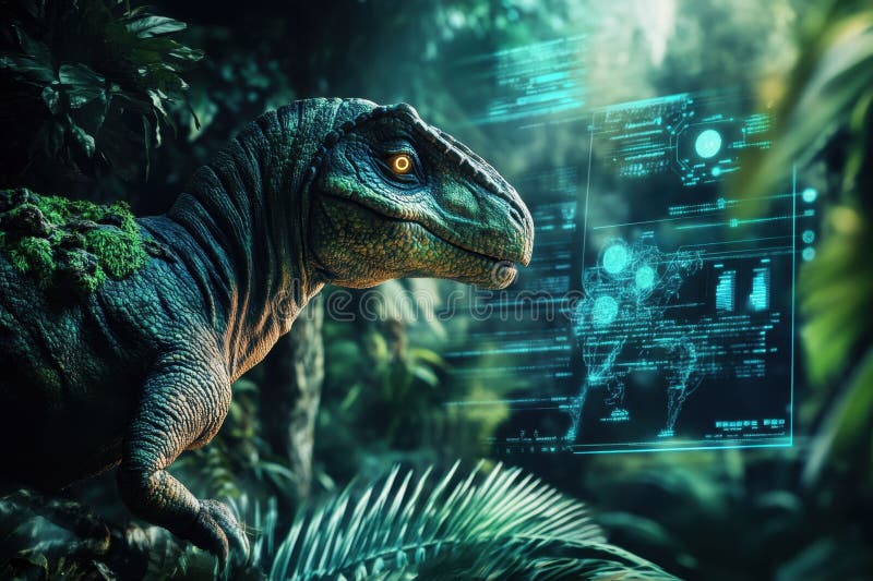 Dinosaur Exploring a Digital World within a Lush Jungle Environment ...