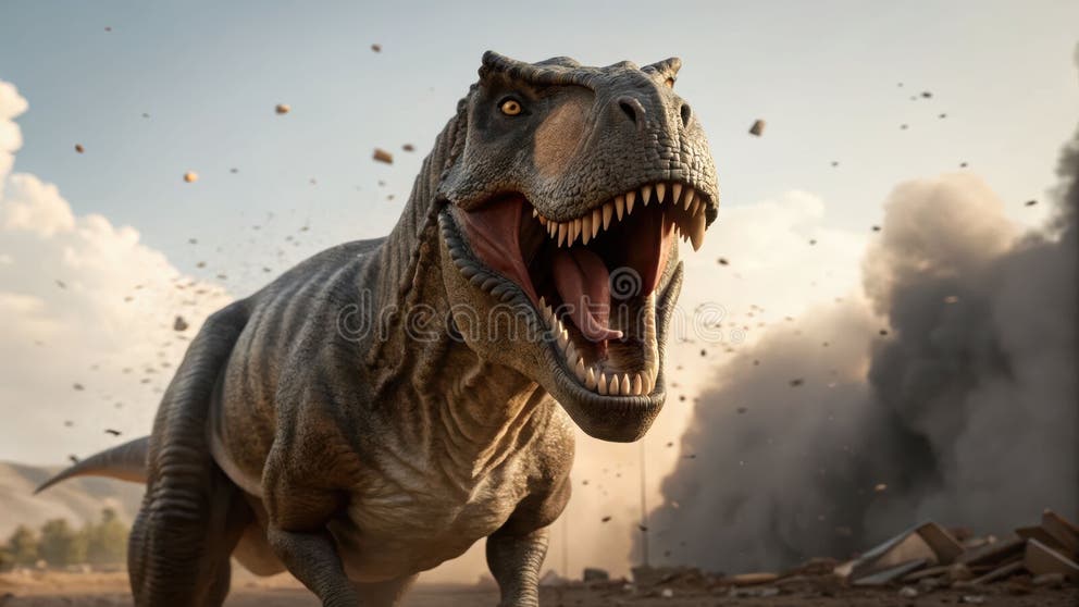 Dinosaur Explosion Action Tyrannosaurus Rex Roars Amidst Dynamite Blast ...