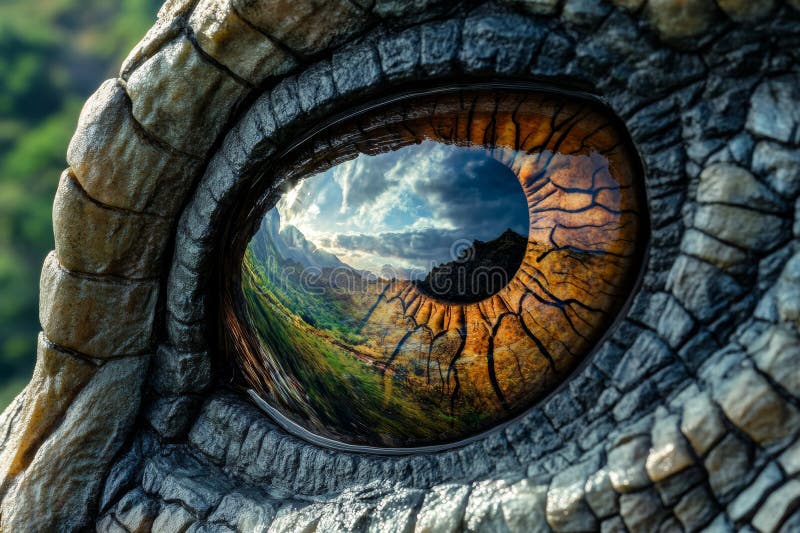 A Dinosaur Eye Captures a Breathtaking Landscape, Featuring Lush ...