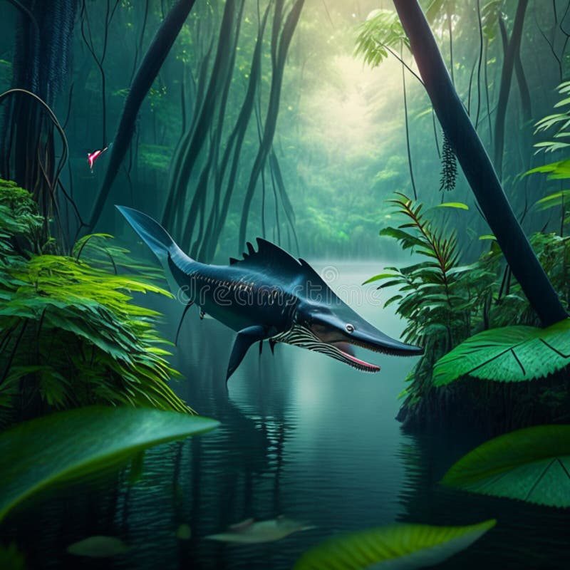 Dinosaur in the Forest. Panoramic View of a Prehistoric Dinosaur Stock ...