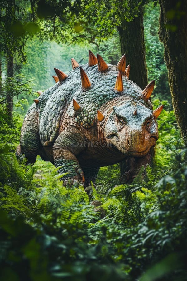 Dinosaur in Forest with Trees and Bushes Stock Photo - Image of ...