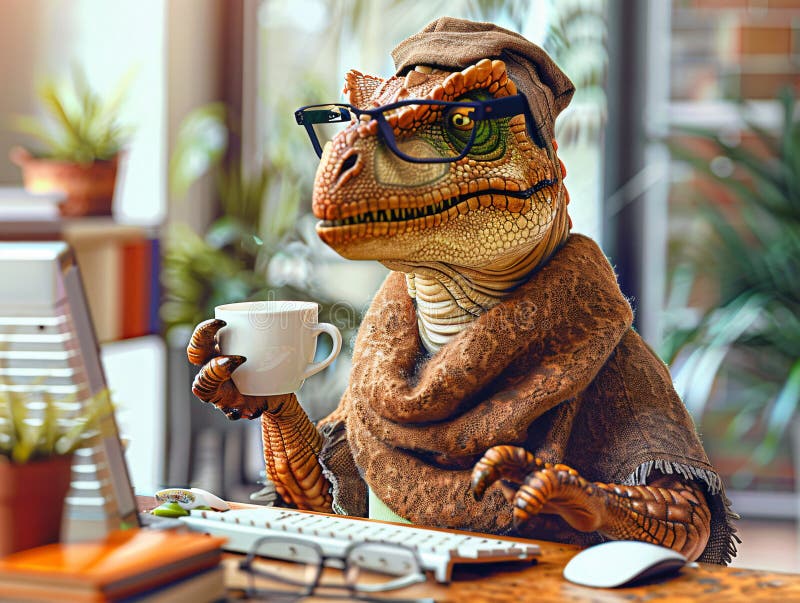 A Dinosaur with Glasses Works at a Computer. Artificial Intelligence ...