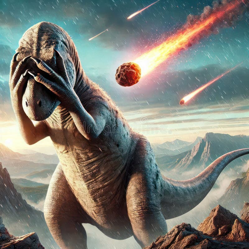 A Dinosaur Hides His Face from a Falling Meteorite. Stock Image - Image ...
