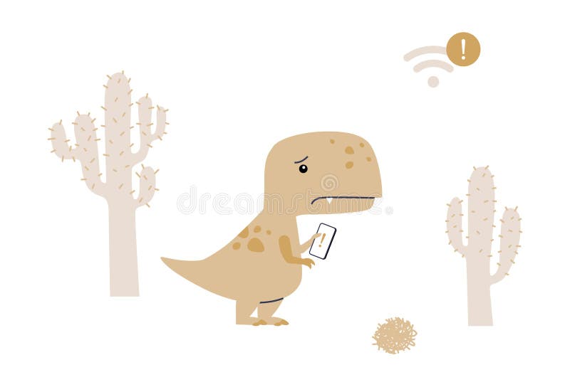 Dinosaur Holding Smartphone with No Internet Connection in Flat Vector ...