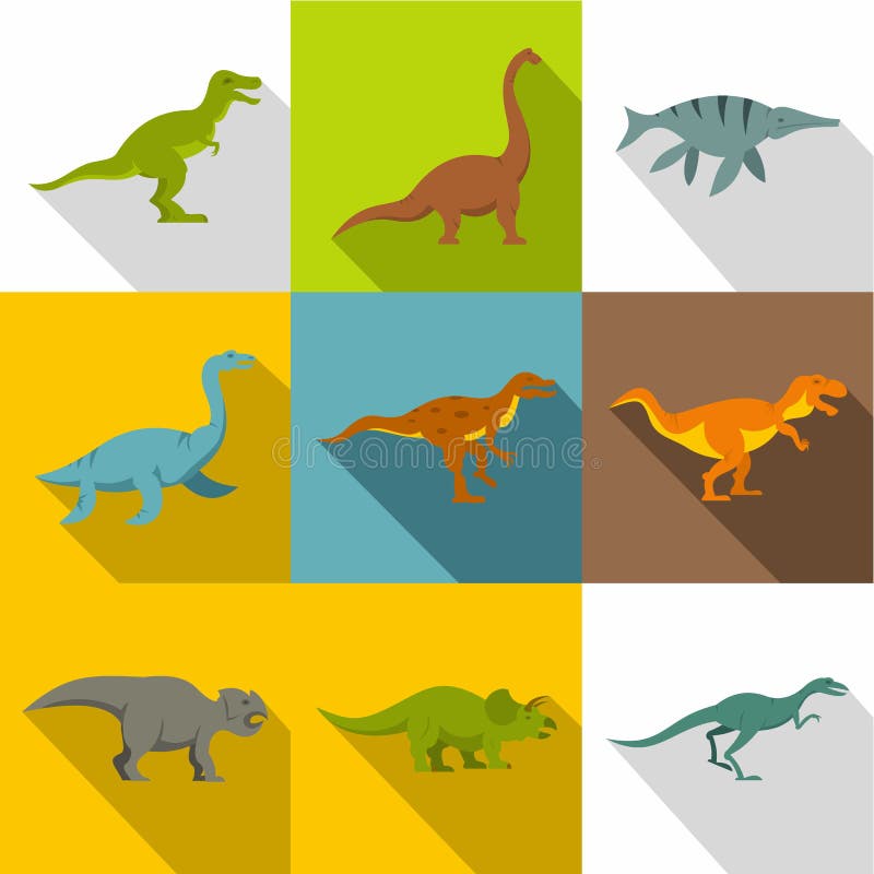 Dinosaur Icon Set, Flat Style Stock Vector - Illustration of ...