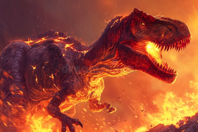 A Dinosaur with Its Mouth Open in Front of a Fire. Generative AI Stock ...