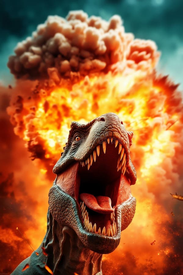 A Dinosaur with Its Mouth Open in Front of a Large Explosion Stock ...