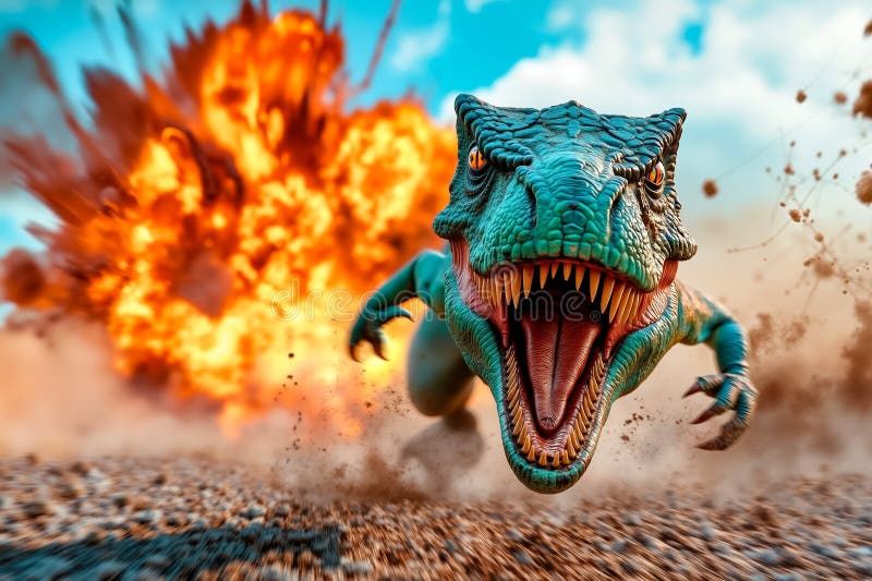 A Dinosaur with Its Mouth Open in Front of a Large Explosion Stock ...