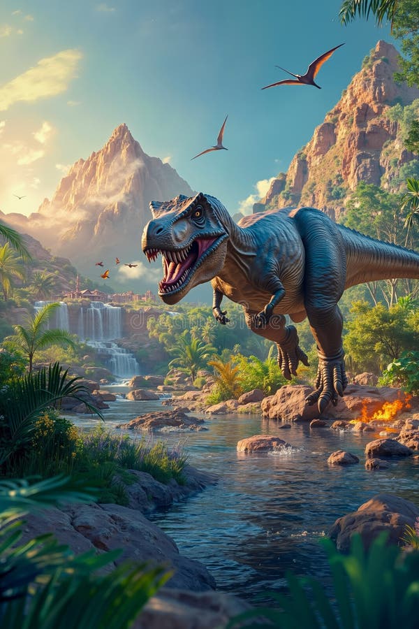 A Dinosaur Jumping Over a River in a Jungle Stock Photo - Image of ...