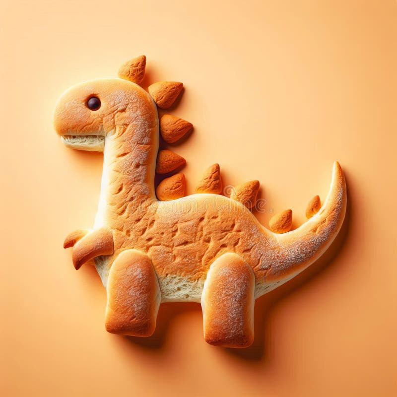 A Dinosaur Made Out of Bread, Flat Lay, Light Orange Background Stock ...