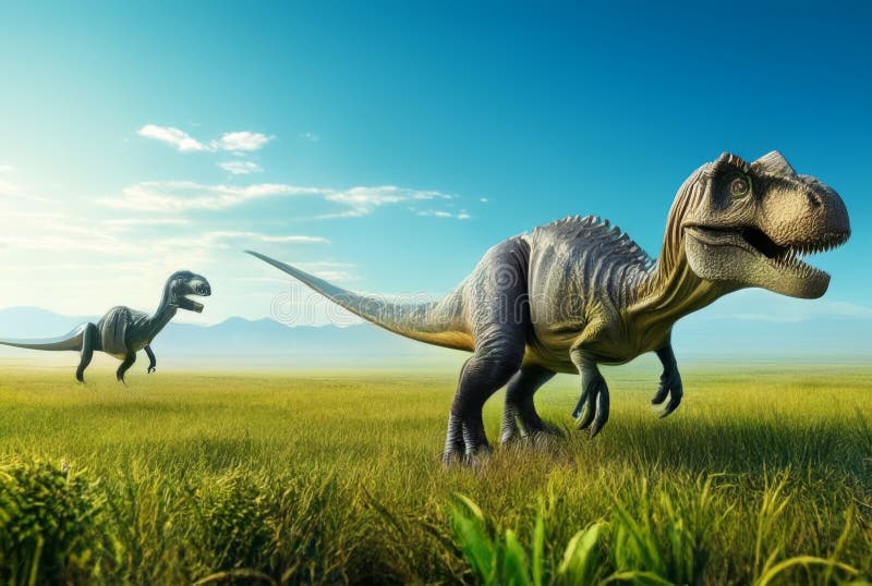 Dinosaur in the Meadow with Blue Sky, 3d Render Stock Illustration - Illustration of dinosaurs ...