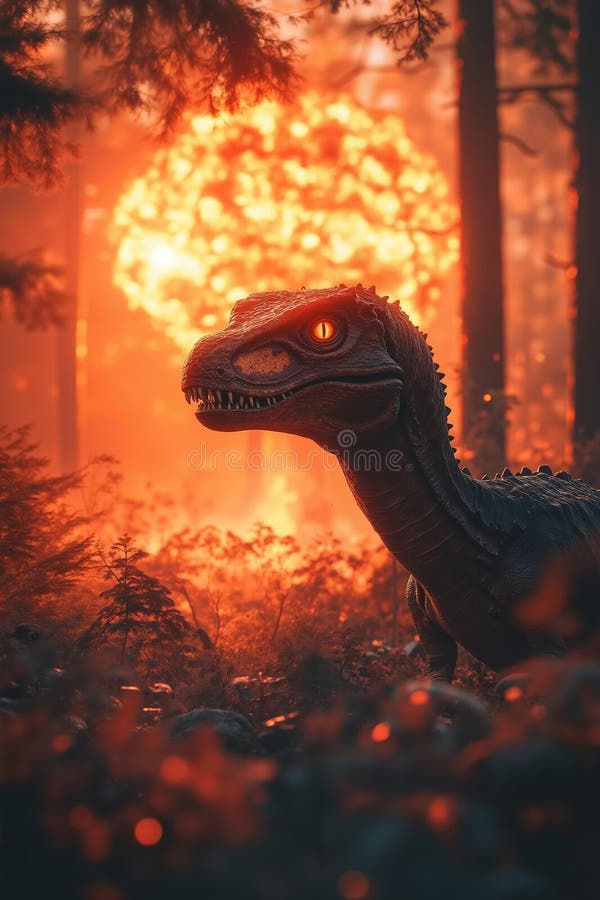 A Dinosaur in the Middle of a Forest with a Fire in the Background ...