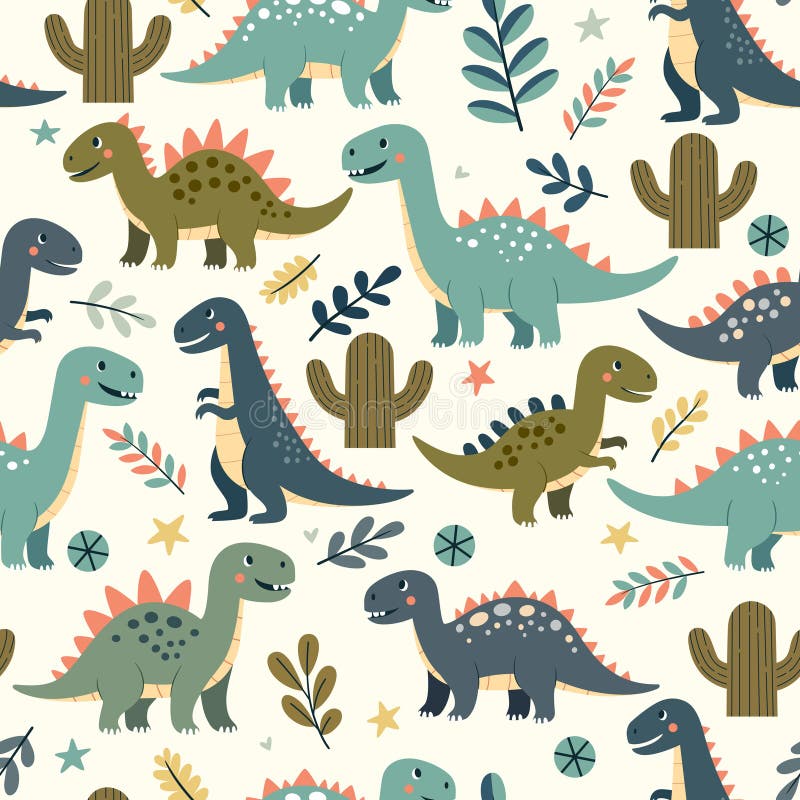 Dinosaur Minimal Cartoon Seamless Pattern Background Stock Illustration ...