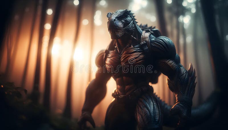 A Dinosaur Monster is Looking for Something in a Forest with Sunset on ...