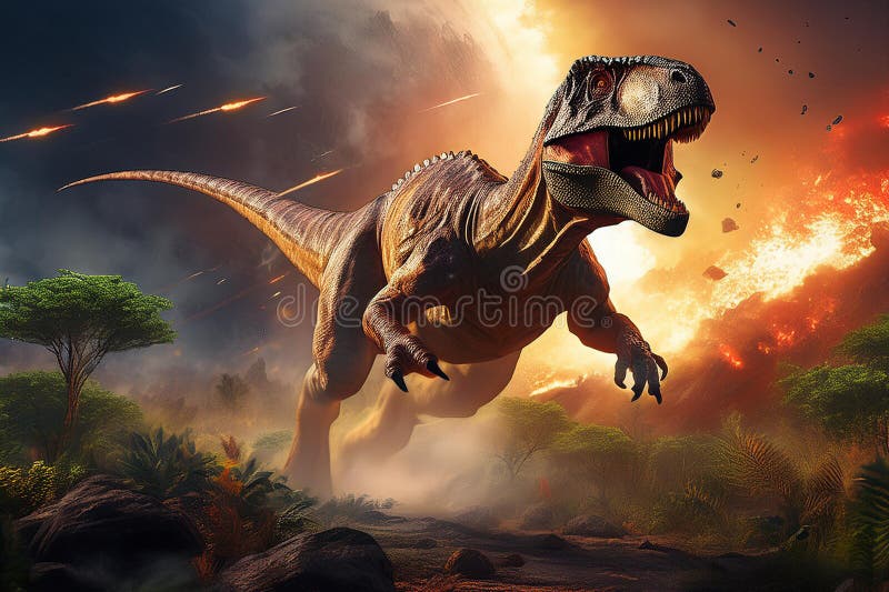 Dinosaur in Preistoric Era Run and the Asteroid Hit the Earth Stock ...