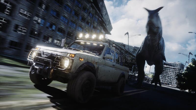Dinosaur Rex Running Behind the Car in Destroyed City. Dinosaurs ...
