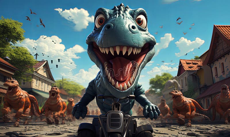 Dinosaur Riding Motorcycle in Front of Group of Dinosaurs Stock Image ...