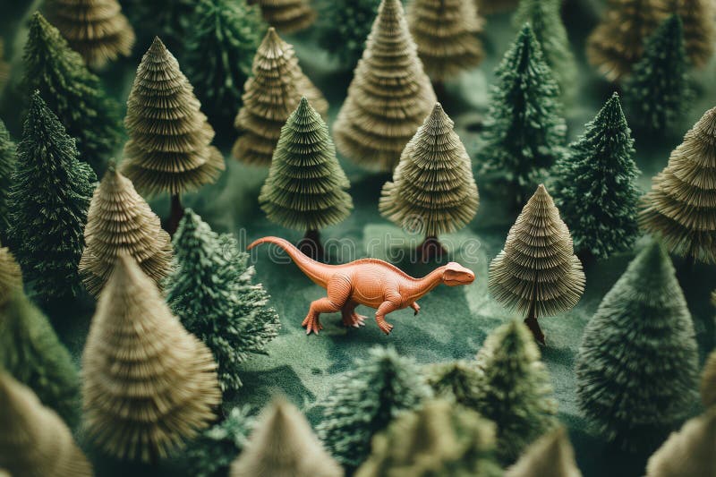 Dinosaur Roaming through Miniature Evergreen Forest Stock Photo - Image ...
