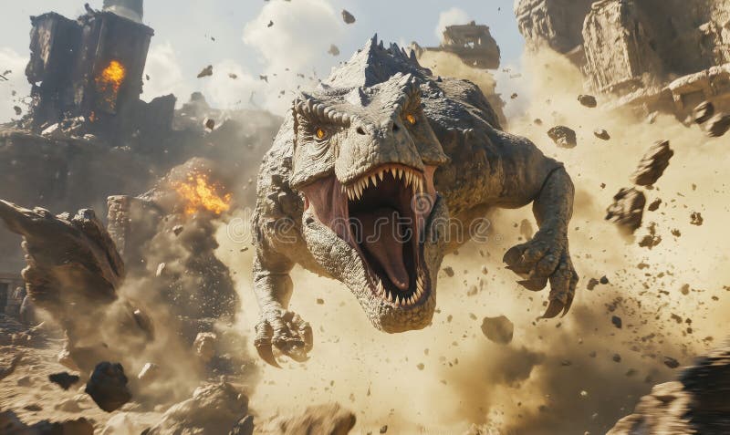 Dinosaur Roaring Amidst Destruction, Debris Flying, Fiery Background ...