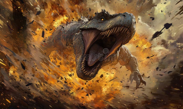 Dinosaur Roaring Amidst Explosion, Dramatic Scene, Intense Colors ...