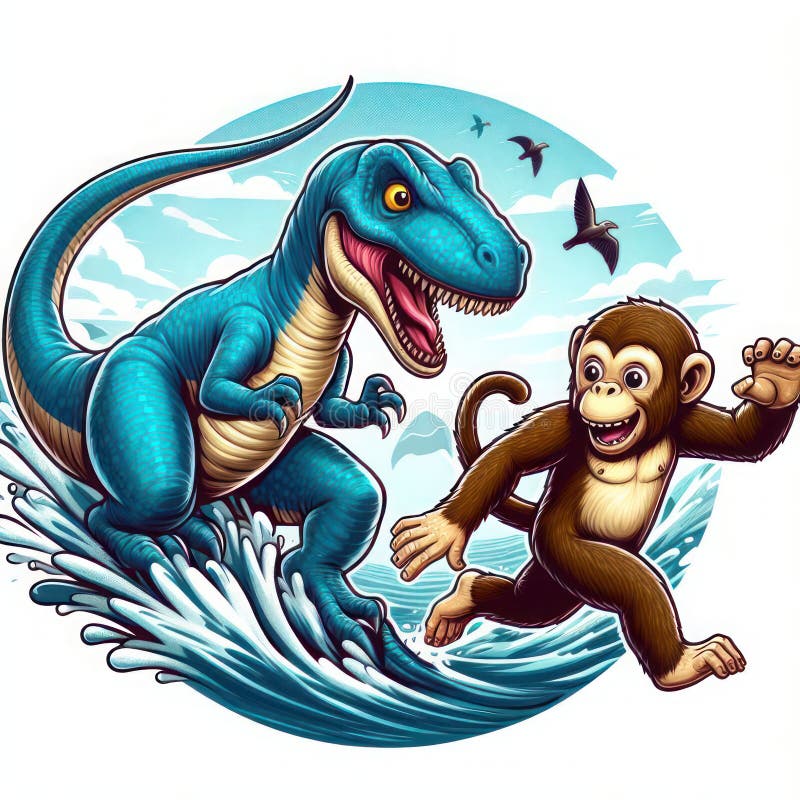 A Dinosaur Runs after a Monkey. Stock Illustration - Illustration of ...