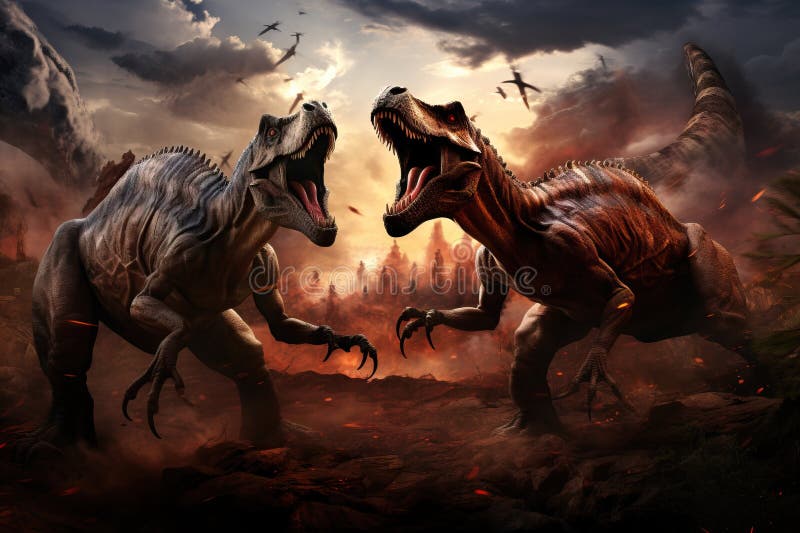 Dinosaur Scene of the Two Dinosaurs Fighting. Stock Illustration ...