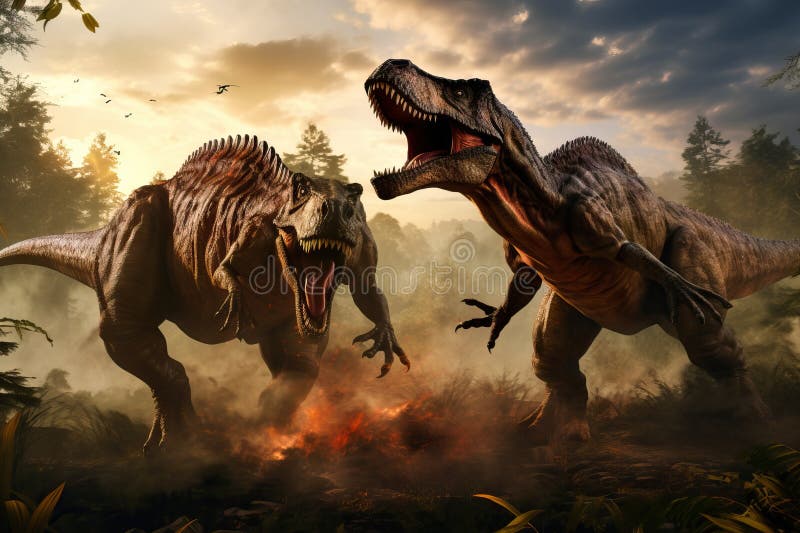 Dinosaur Scene of the Two Dinosaurs Fighting. Stock Illustration - Illustration of jurassic ...