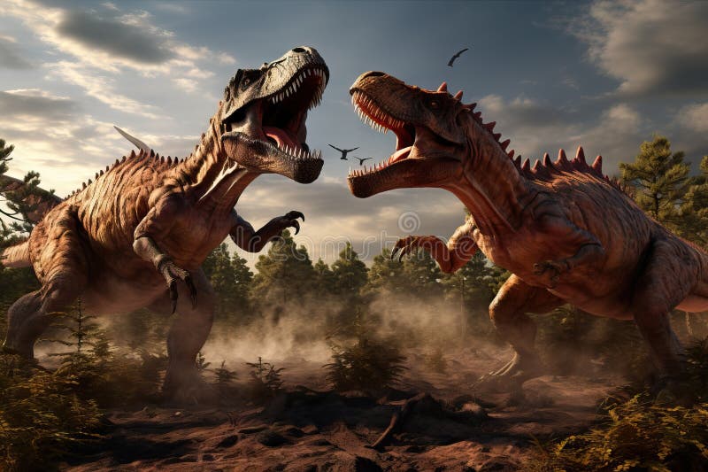 Dinosaur Scene of the Two Dinosaurs Fighting. Stock Illustration ...