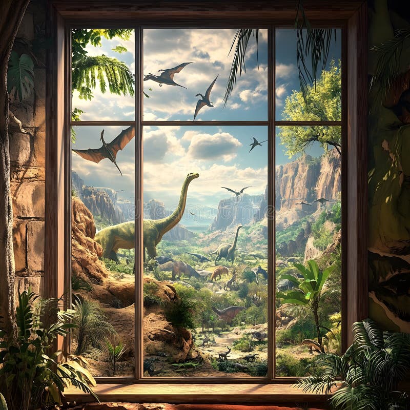 Dinosaur Scene Viewed through a Rustic Window Stock Illustration ...