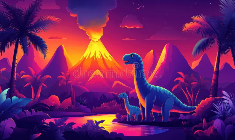 Dinosaur Scene with Volcano Eruption at Sunset in Vibrant Colors Stock ...