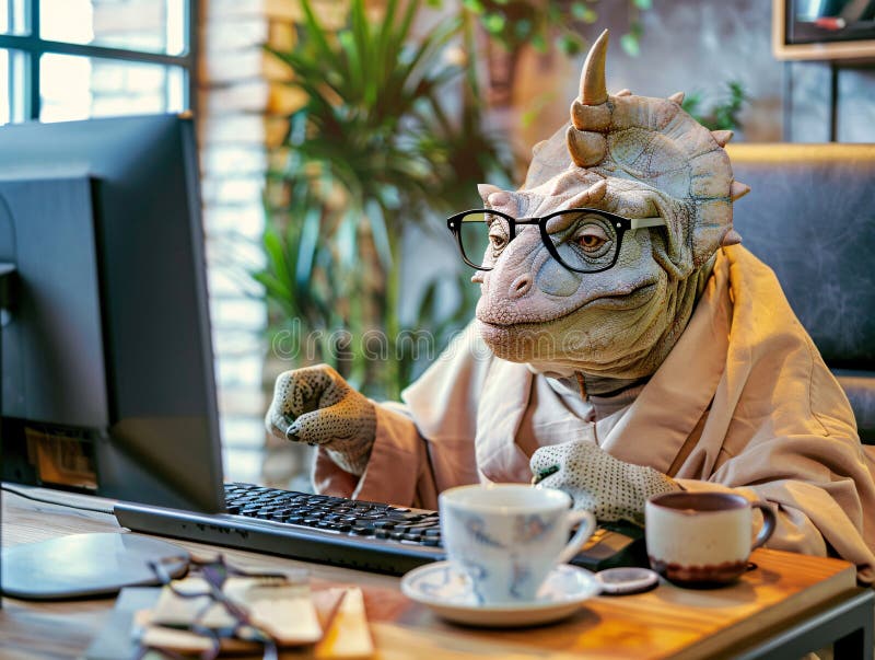 A Dinosaur at a Desk with a Computer and Tableware Stock Image - Image ...