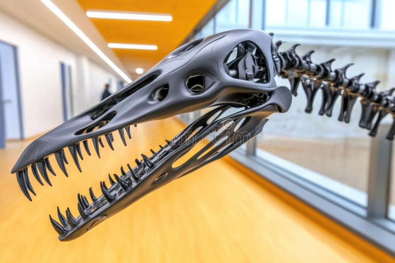 Dinosaur Skeleton Display in Museum Hallway with Sharp Teeth and Long ...